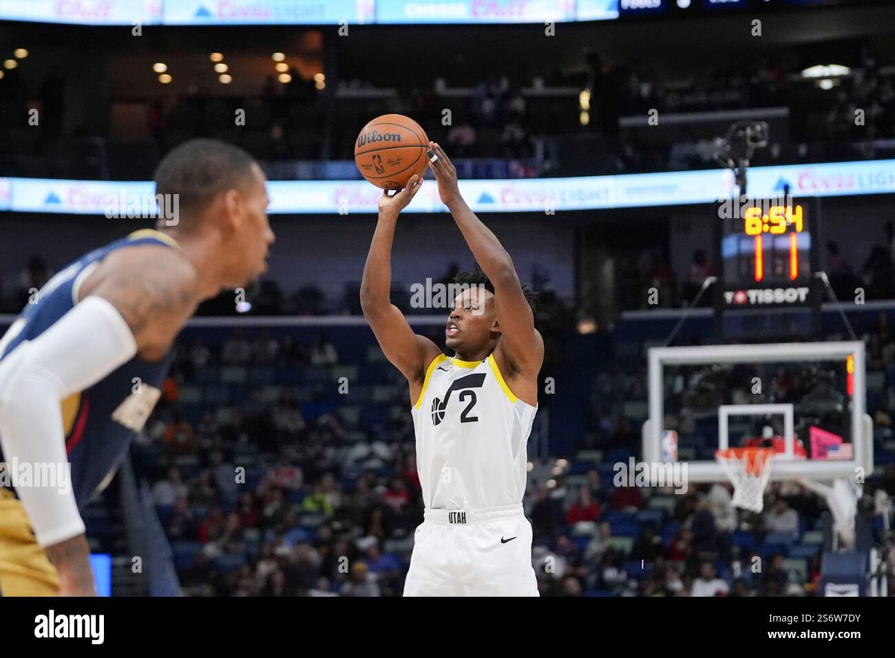 Utah Jazz guard Collin Sexton (2) shoots in the first half of an NBA ...