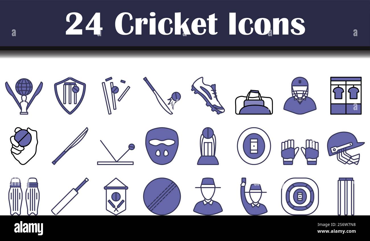 Cricket Icon Set. Editable Bold Outline With Color Fill Design. Vector ...