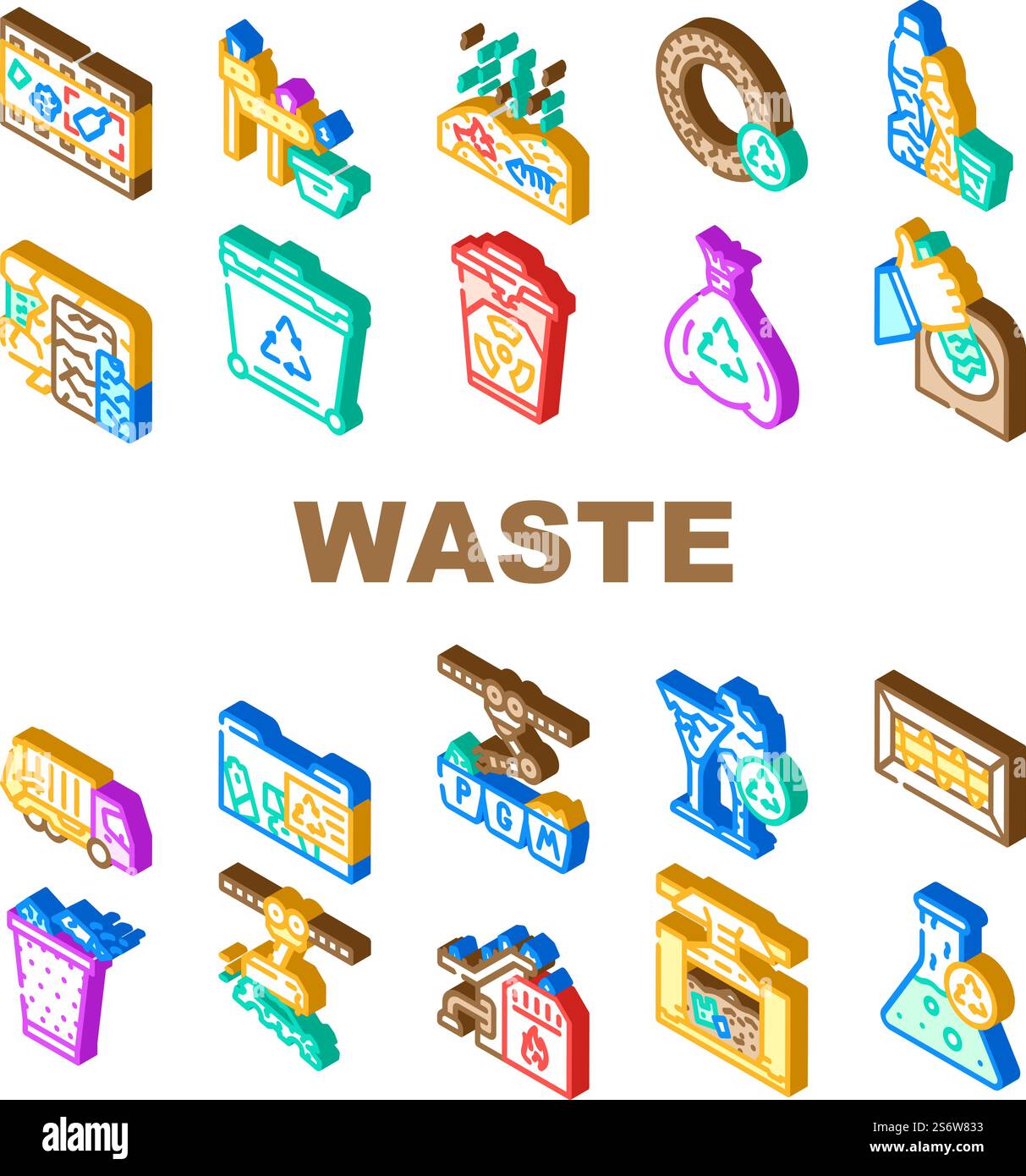 Waste Sorting Conveyor Equipment Icons Set Vector. Chemical Hazardous ...