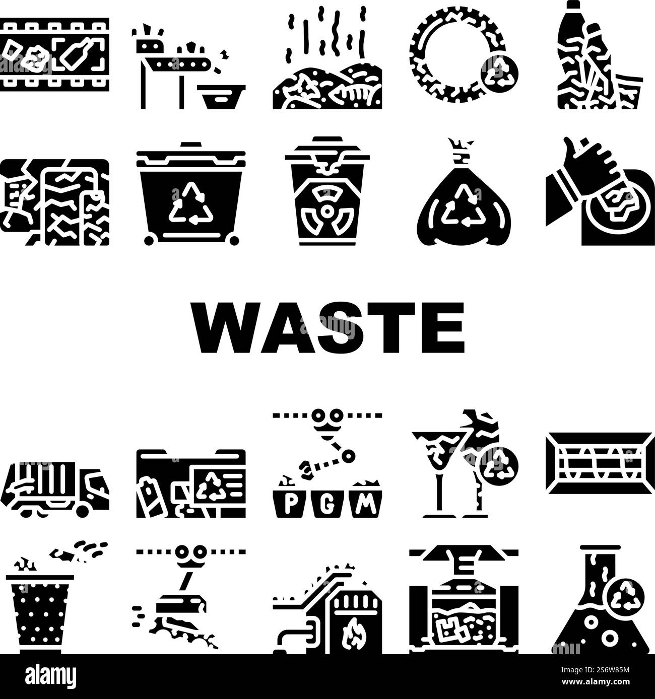 Waste Sorting Conveyor Equipment Icons Set Vector. Chemical Hazardous ...