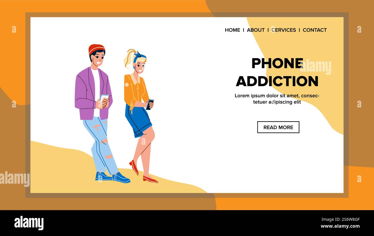 Phone Addiction Boy And Girl Teenagers Vector. Young Students With ...