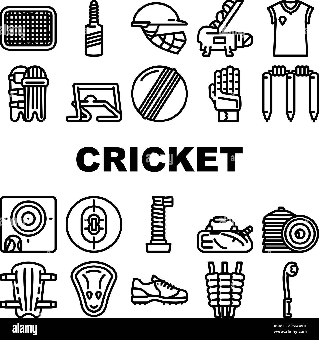 Cricket Sport Game Accessory Icons Set Vector. Cricket Ball And Bat ...