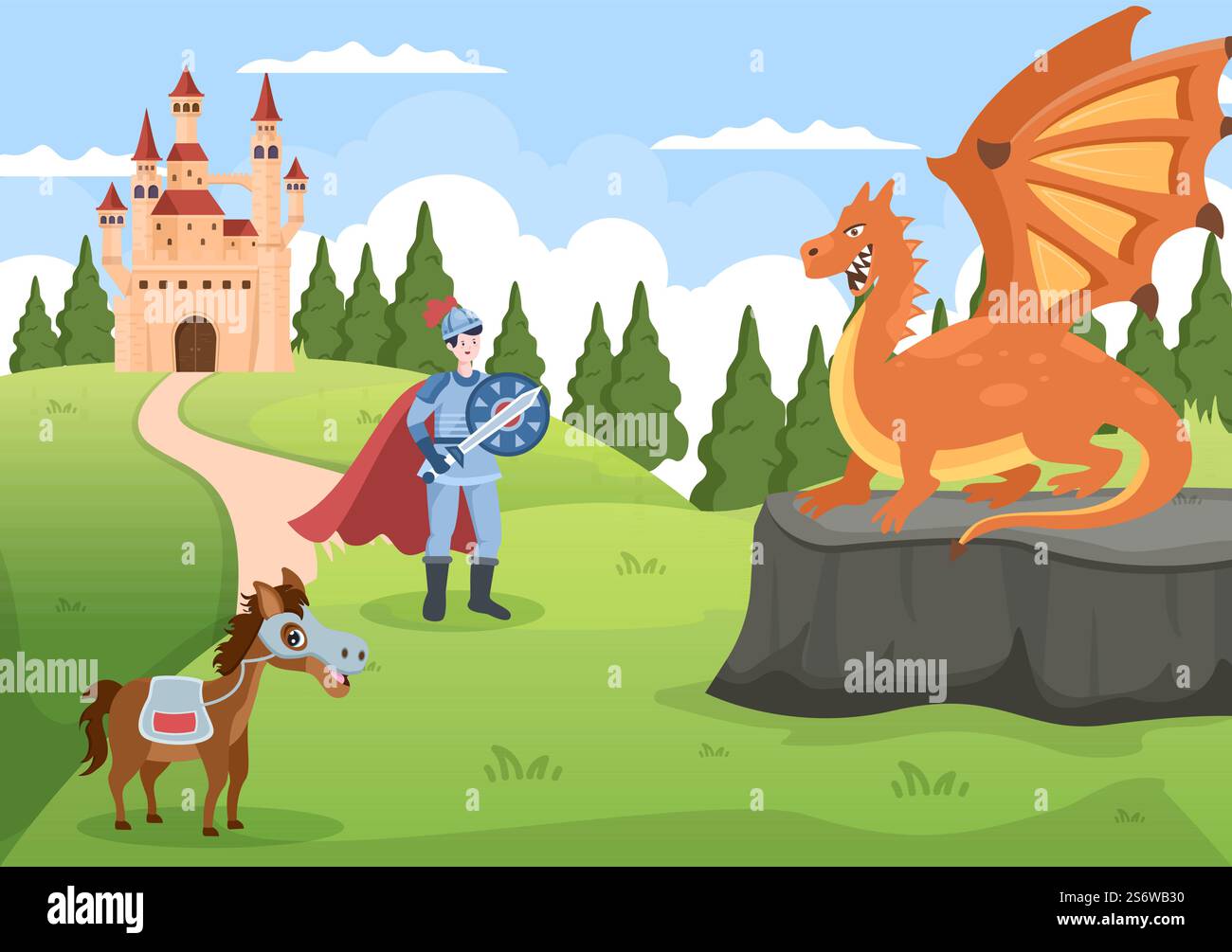 Prince, Queen and Knight with Dragon in Front of the Castle with ...