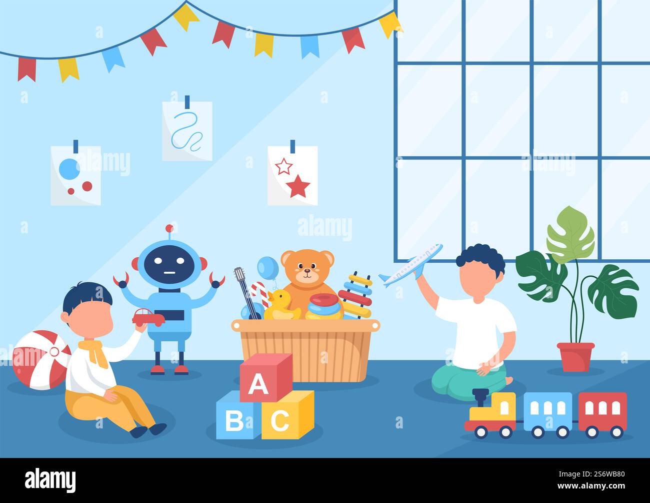 Cute Children Playing with Various Toy at Kindergarten in Flat Cartoon ...