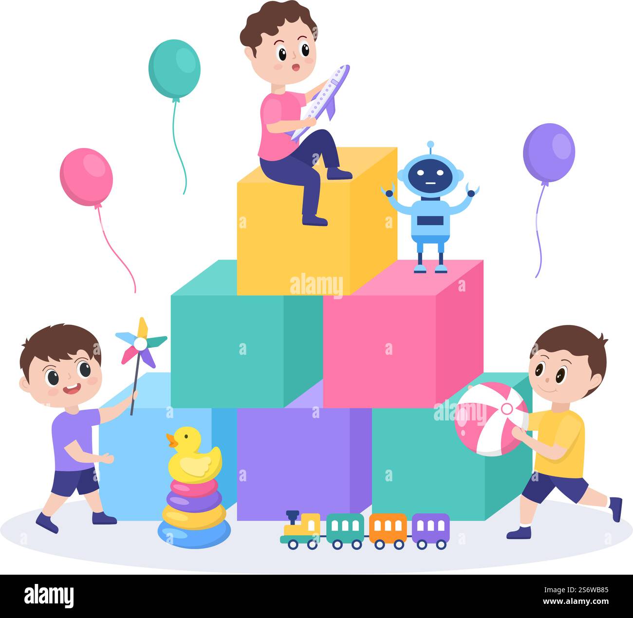 Cute Children Playing with Various Toy at Kindergarten in Flat Cartoon ...