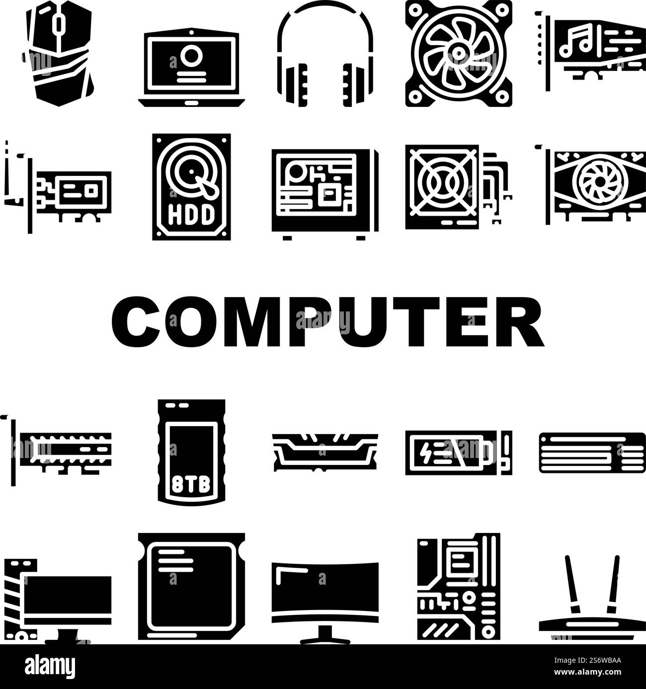 Computer Accessories And Parts Icons Set Vector. Computer Mouse And ...
