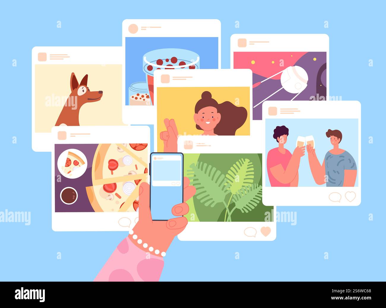 Social media concept. Hand holding smartphone, virtual photography ...