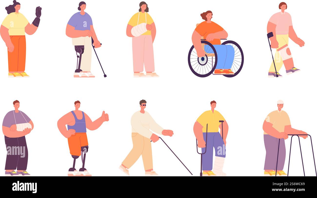 Characters bandaged girl boy. Worker on wheelchair, injurious people ...