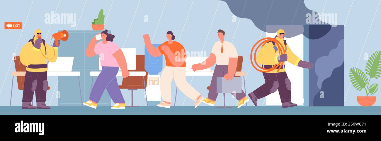 Fire evacuation. Firemen evacuate office people, flame and smoke in ...