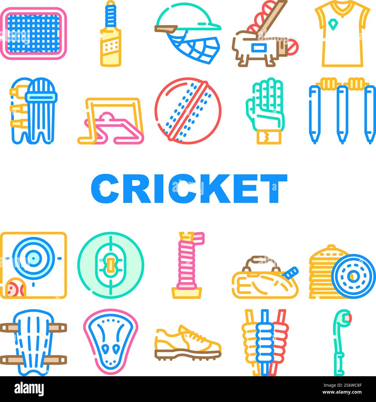 Cricket Sport Game Accessory Icons Set Vector. Cricket Ball And Bat ...