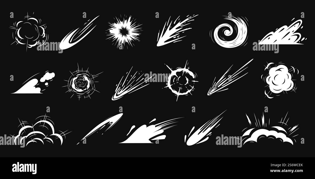 Cartoon energy explosion. Cloudy ring, explosions comic style. Fog and smoke clouds, white ...