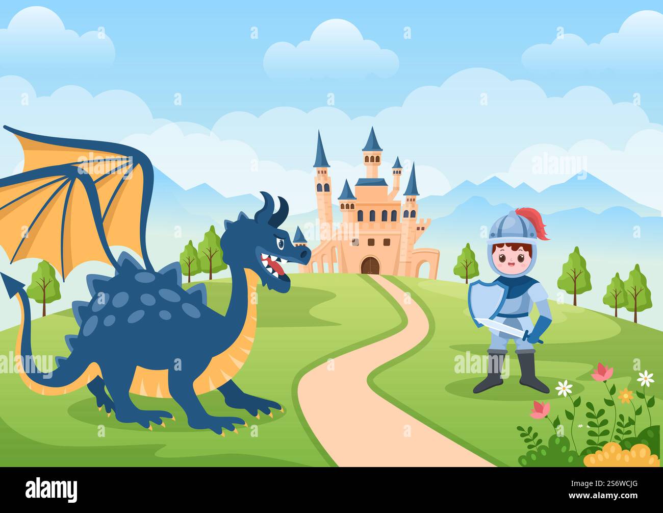 Prince, Queen and Knight with Dragon in Front of the Castle with ...