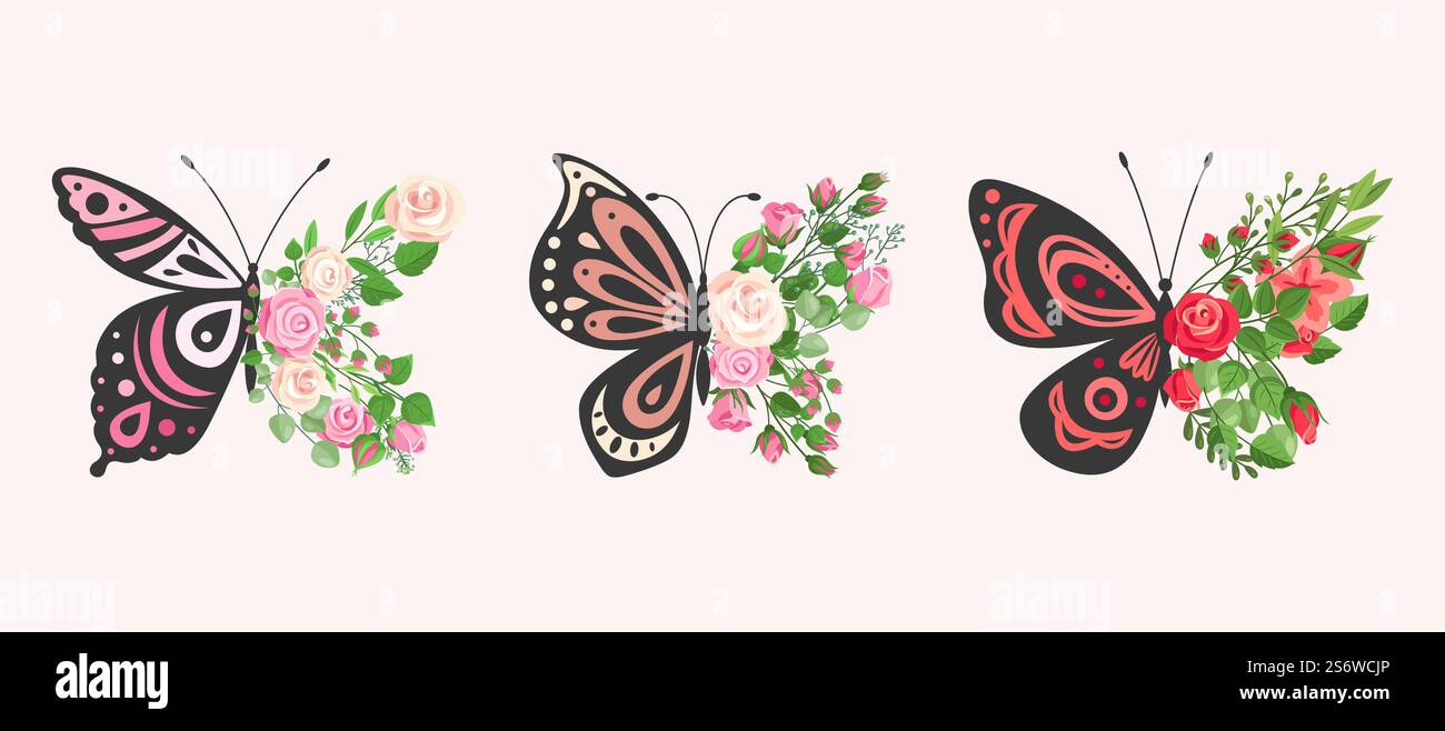 Floral butterflies. Black contour butterfly, flowers wings. Roses and ...
