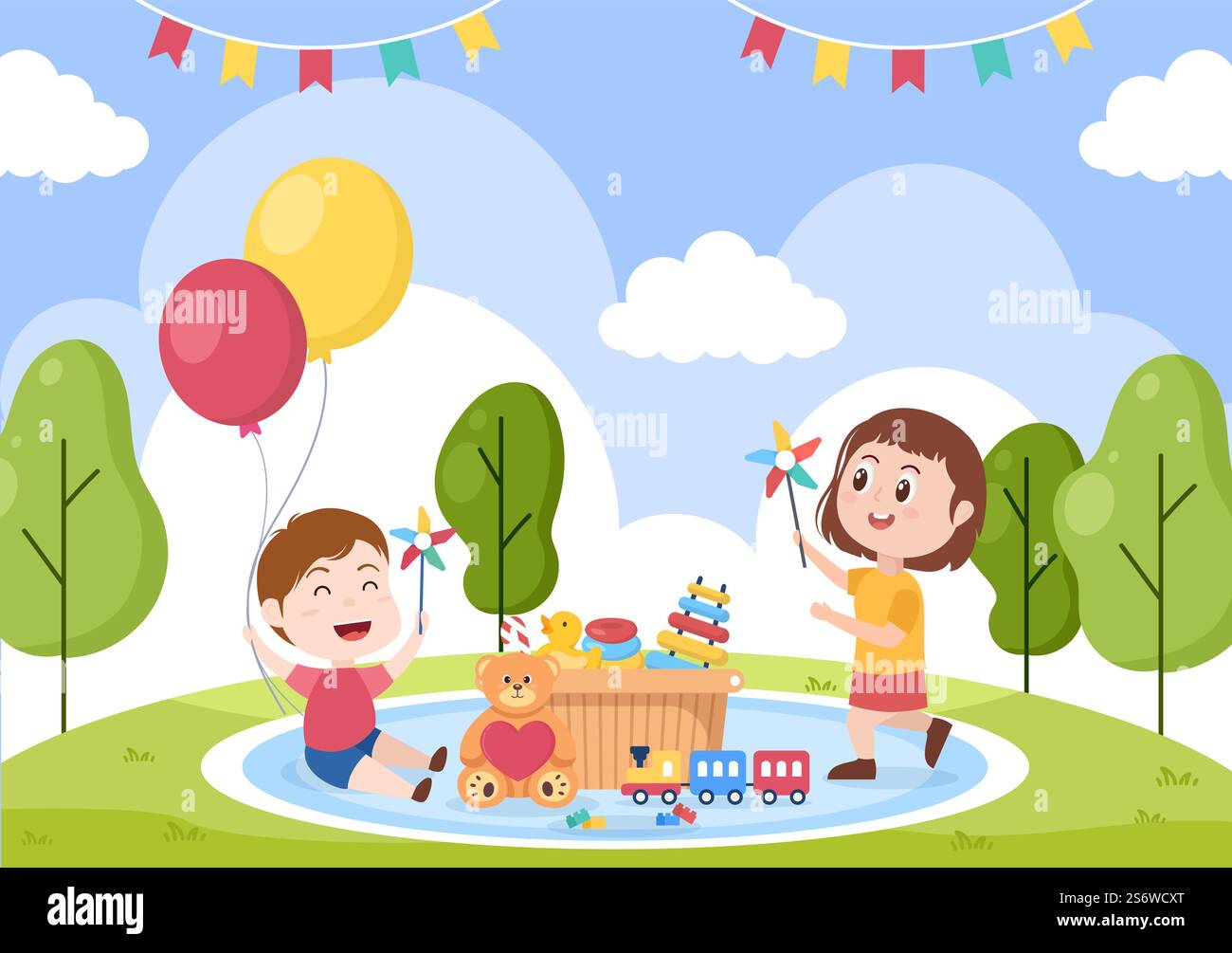 Cute Children Playing with Various Toy at Kindergarten in Flat Cartoon ...