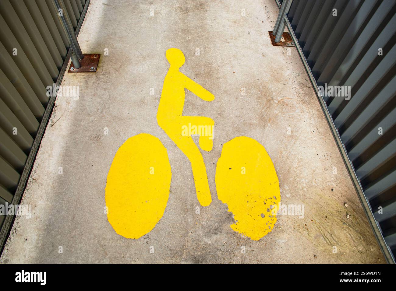 France, Paris, stenciled pictogram of a cyclist on a temporary bike ...
