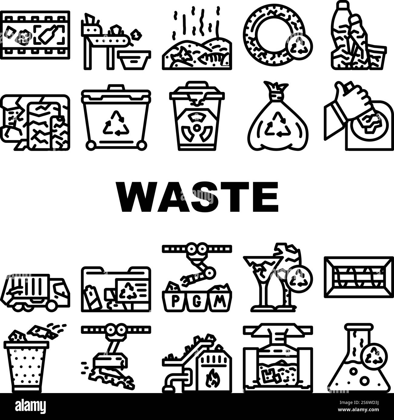Waste Sorting Conveyor Equipment Icons Set Vector. Chemical Hazardous ...