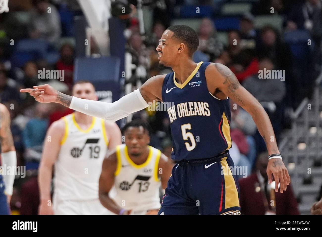 Utah Jazz forward Cody Williams (5) reacts to a call in the first half ...