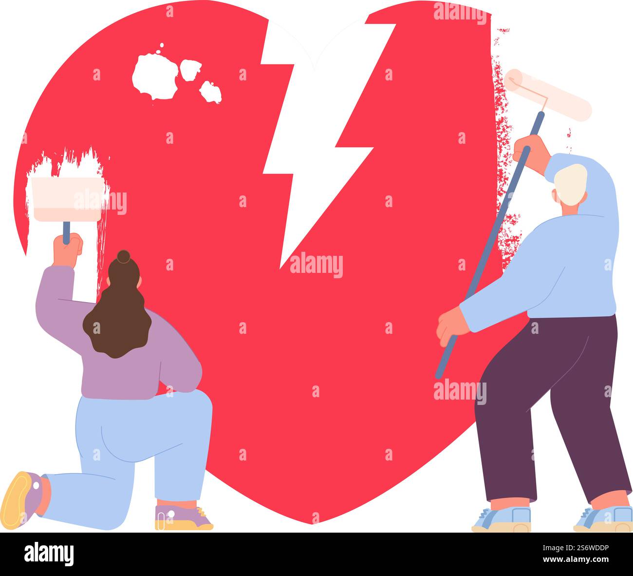 Divorce metaphor. Couple paint out giant heart, family is over. Girl ...