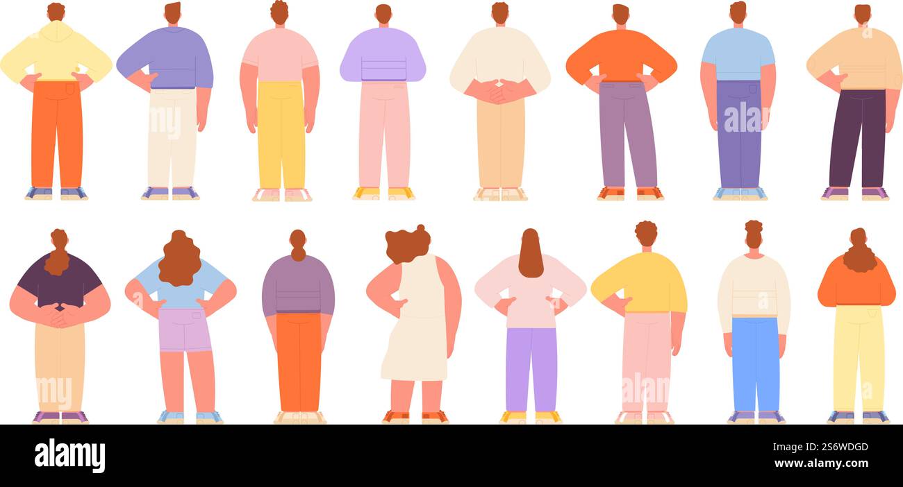 Back stand people. Crowd backs, group character looking at future ...