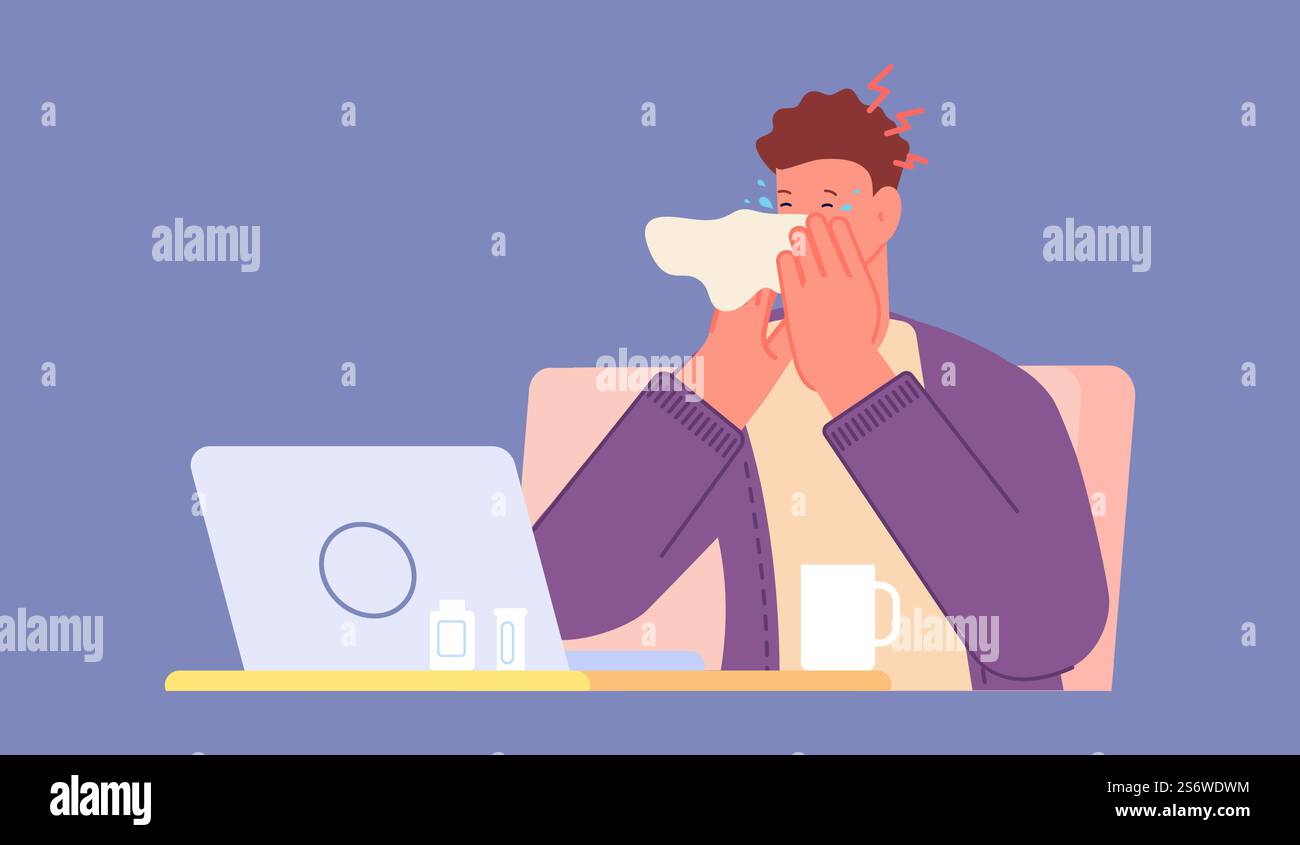 Office man has cold. Flat guy with allergy, flu freelancer working with ...