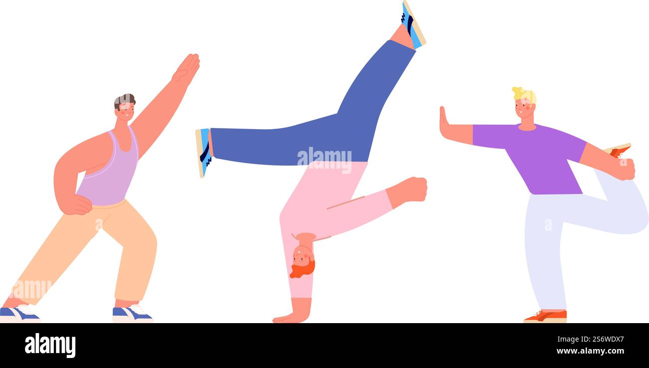 Dancing men group. Stretching or yoga for men, sport training. Flat ...