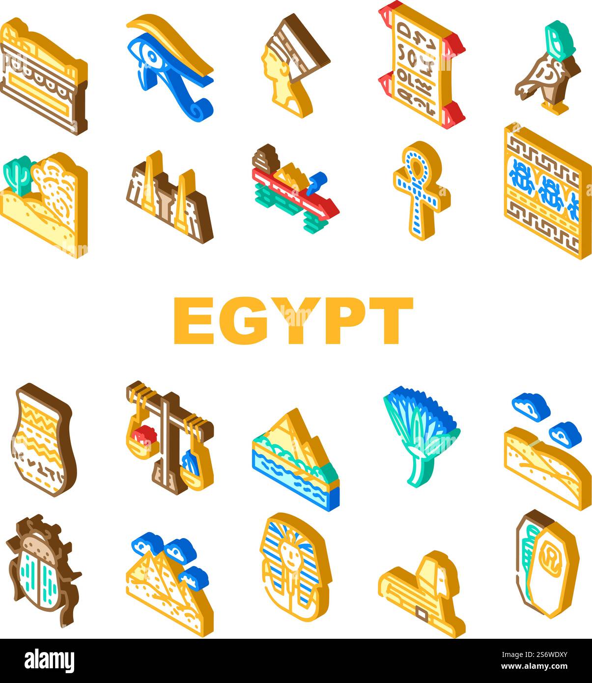 Egypt Civilization Landscape Icons Set Vector. Nefertiti Egypt Queen ...
