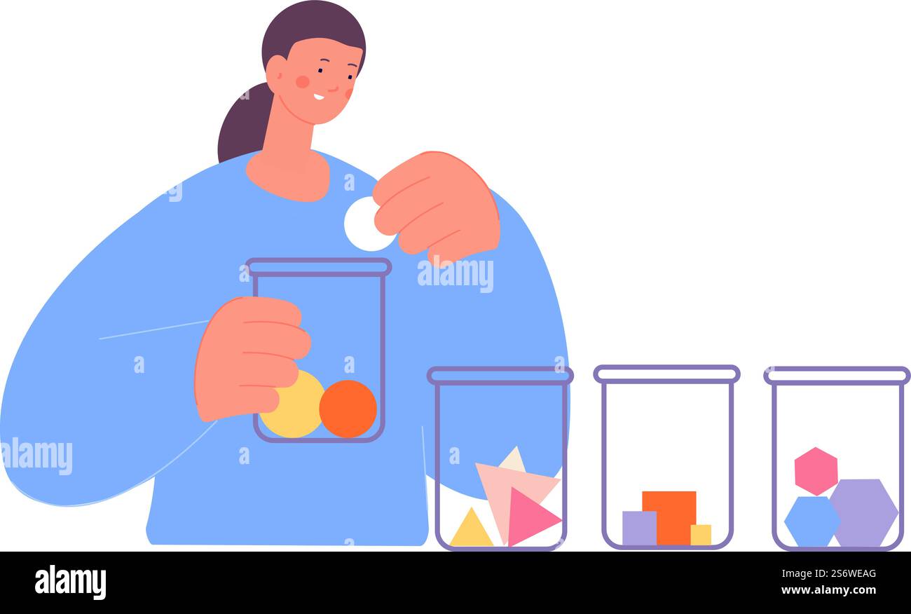 Woman do tasks distribution metaphor. Sorting geometric figures in jars ...