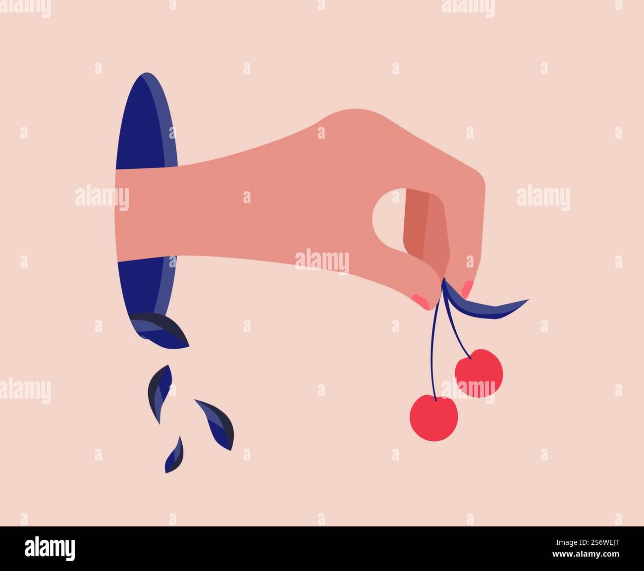 Hand from hole hold cherry. Contemporary abstract concept. Modern art ...
