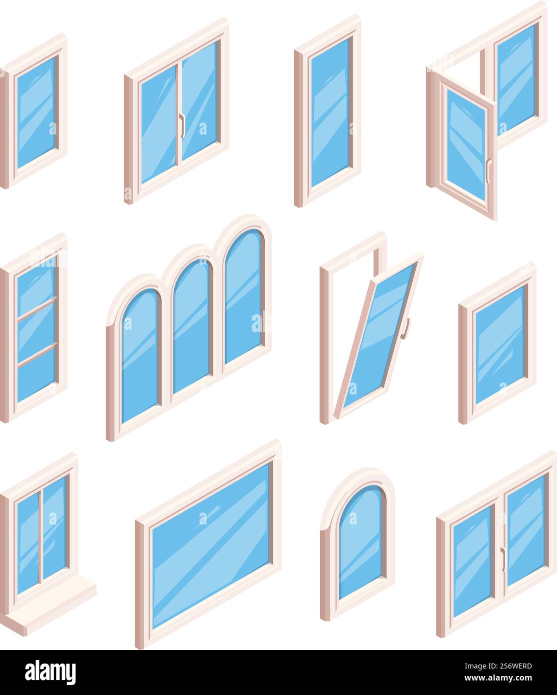 Glass window frames. Open and closed room windows different types of ...