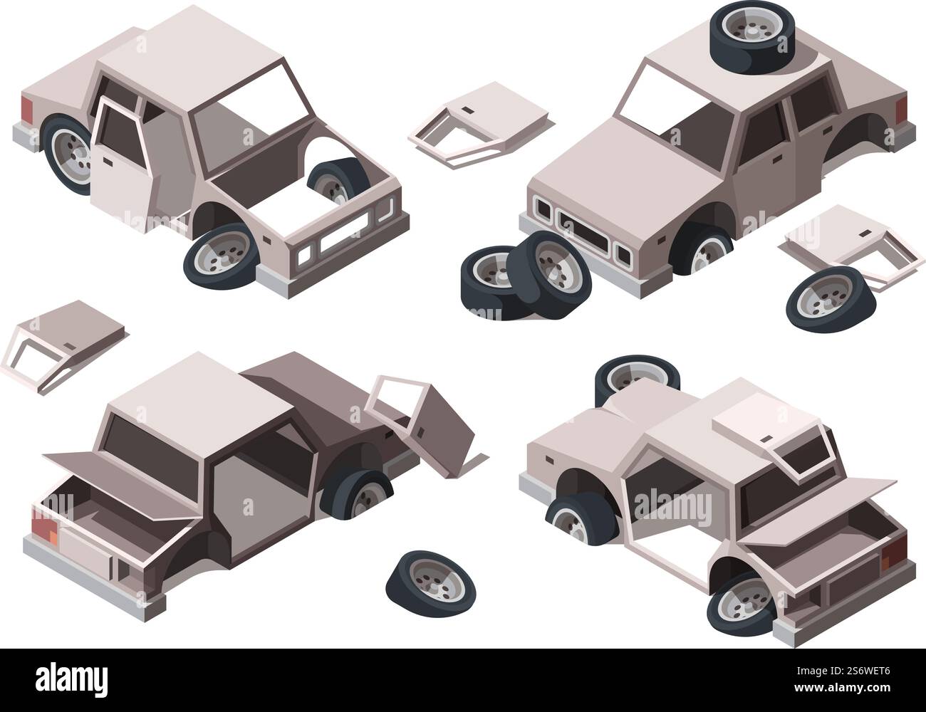 Abandoned cars. Damaged rusty old metalic vehicles scrap broken cars ...