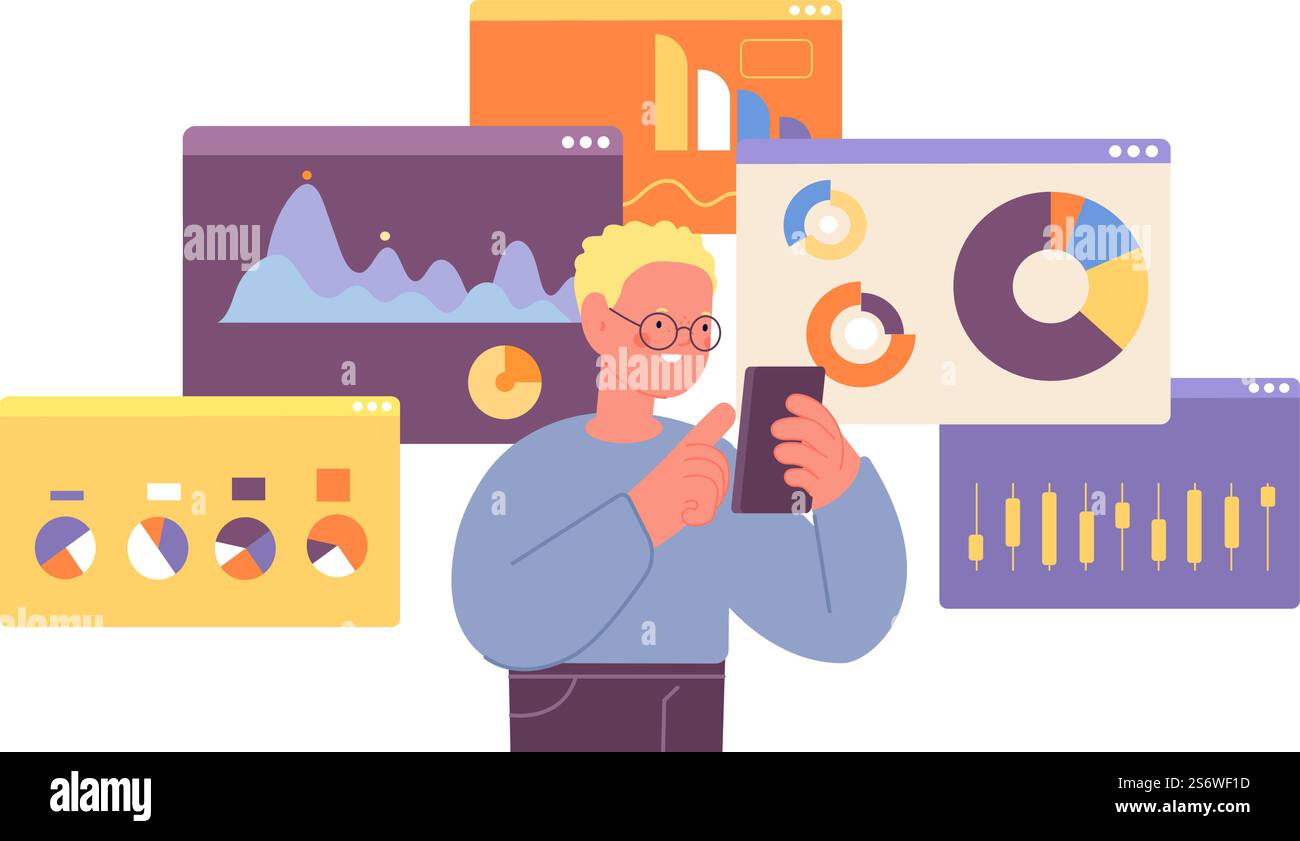 Children analytics. Modern clever boy programming and analysis. Guy with smartphone, geek ...