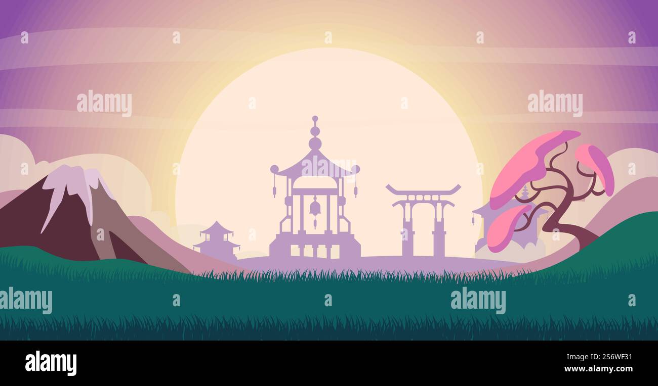 Japanese landscape. Sunrise in mountain, asian buildings silhouettes ...