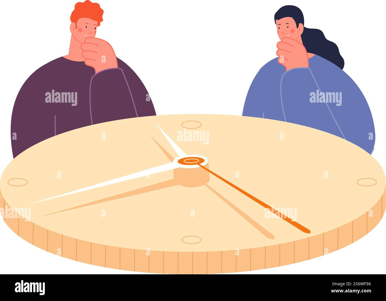 Man and woman look on giant clock. Lifetime metaphor, hours and seconds ...