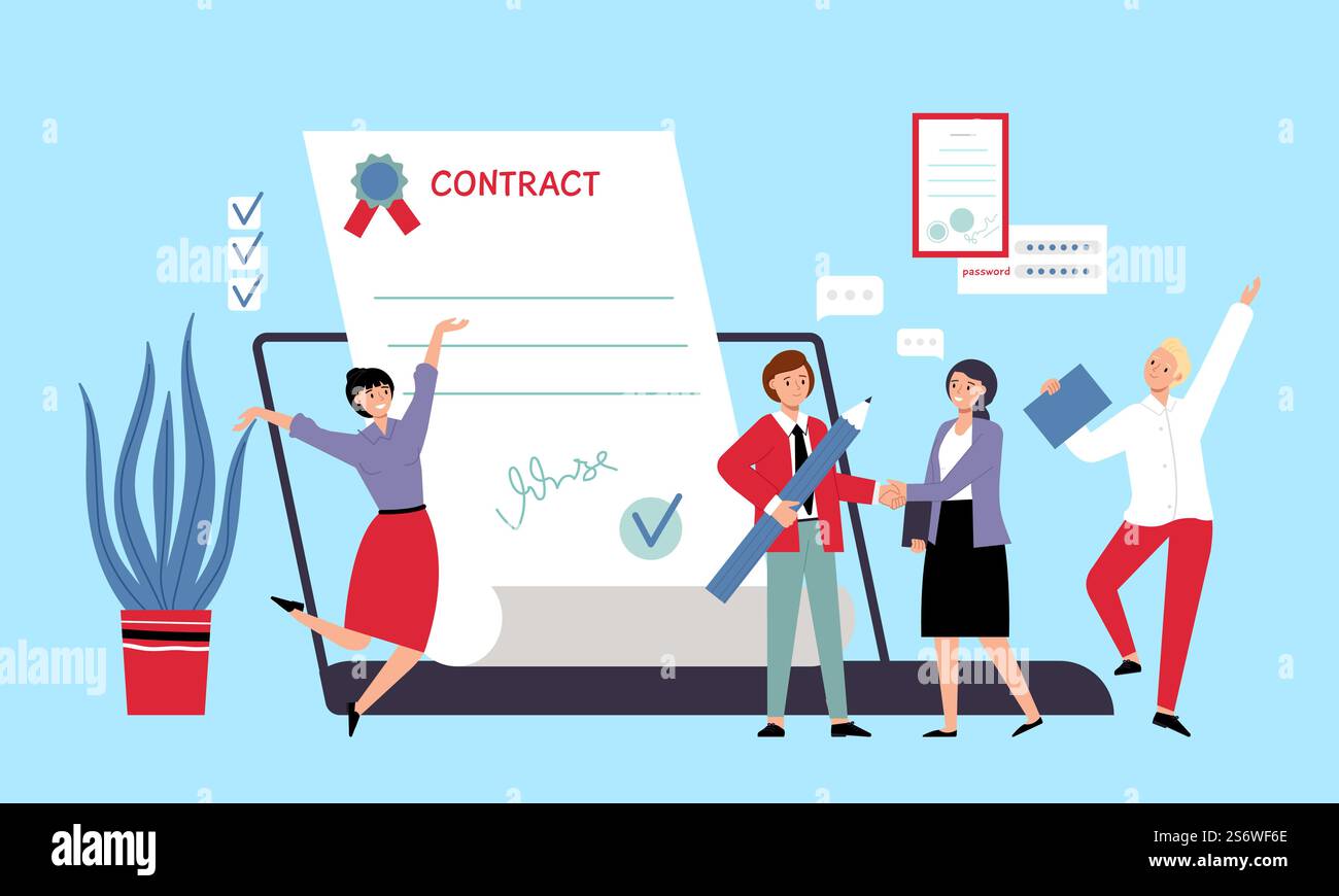 Online contract. Business digital document approved, partners signature ...