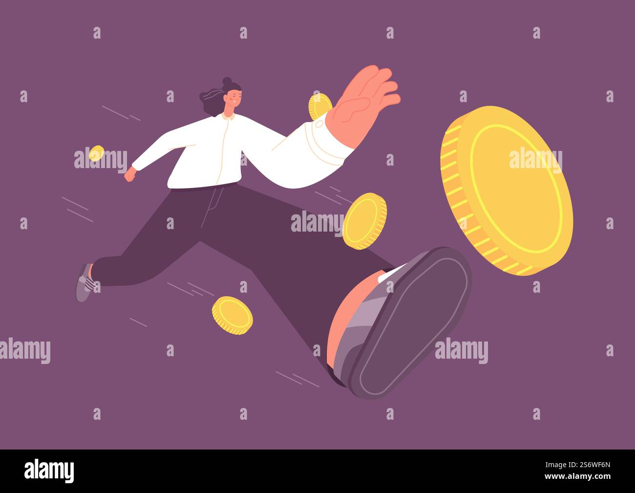 Woman running to profit. Business girl chasing money, gold coins flow ...