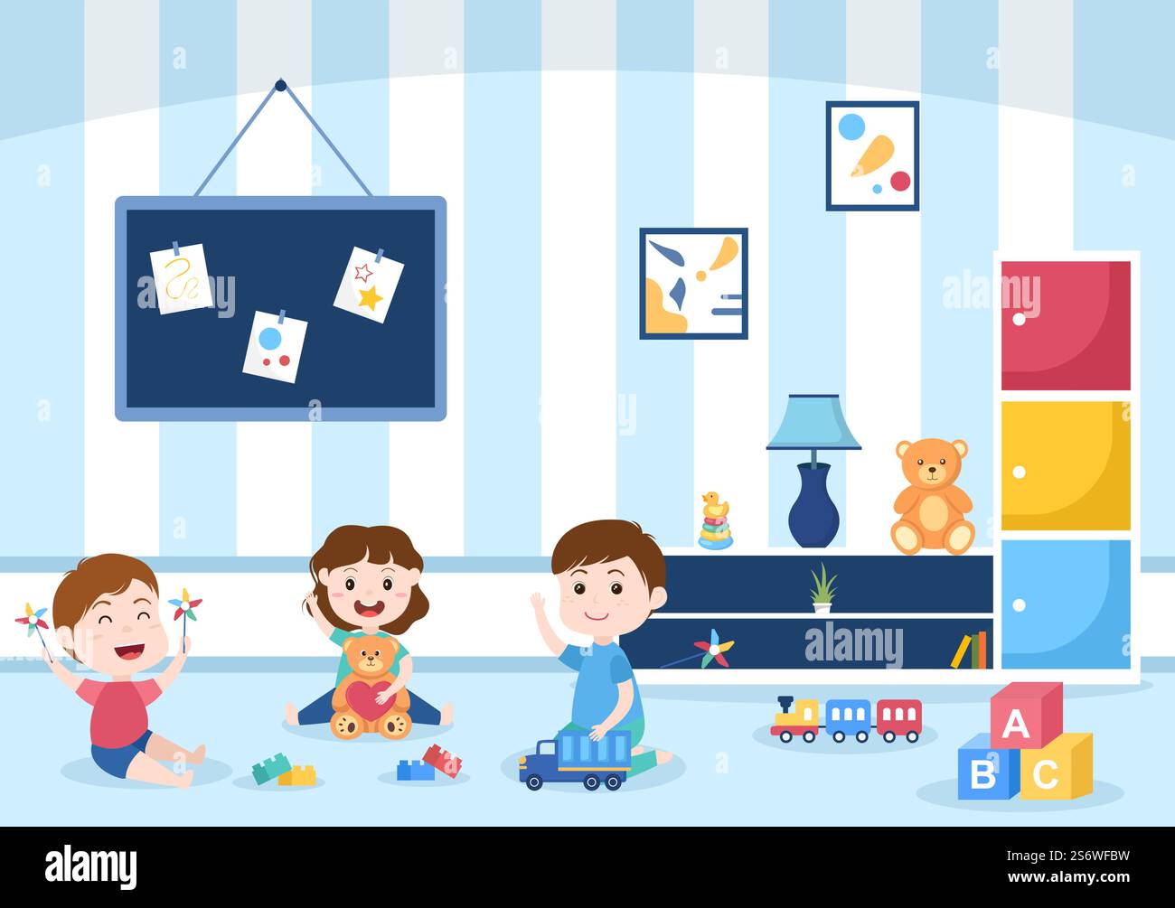 Cute Children Playing with Various Toy at Kindergarten in Flat Cartoon ...