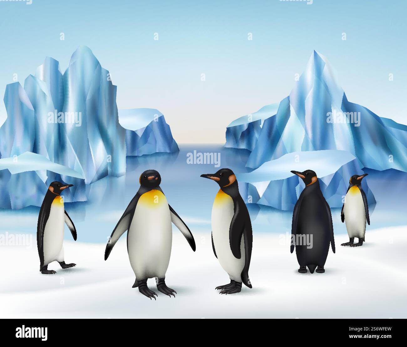 Ice rocks. North pole cold snow background with penguins standing on ...