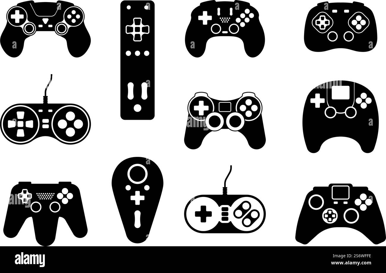 Game controllers icon. Smart system digital joystick for video games garish vector black symbols ...