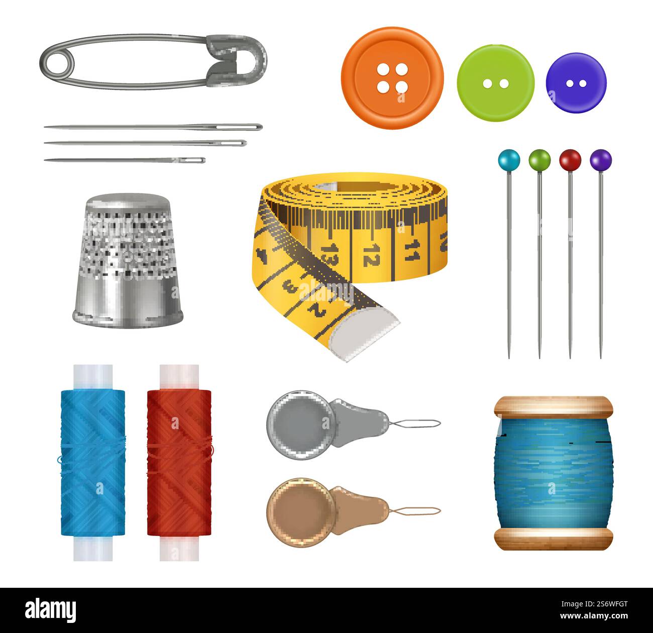 Sewing set. Realistic equipment fabric measure tape sewing set needles ...