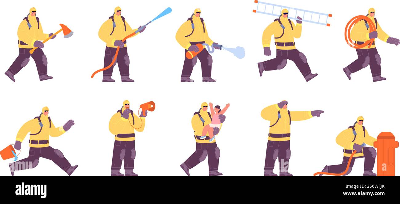 Fireman characters. Firemen work, professional fire suit. Firefighter ...