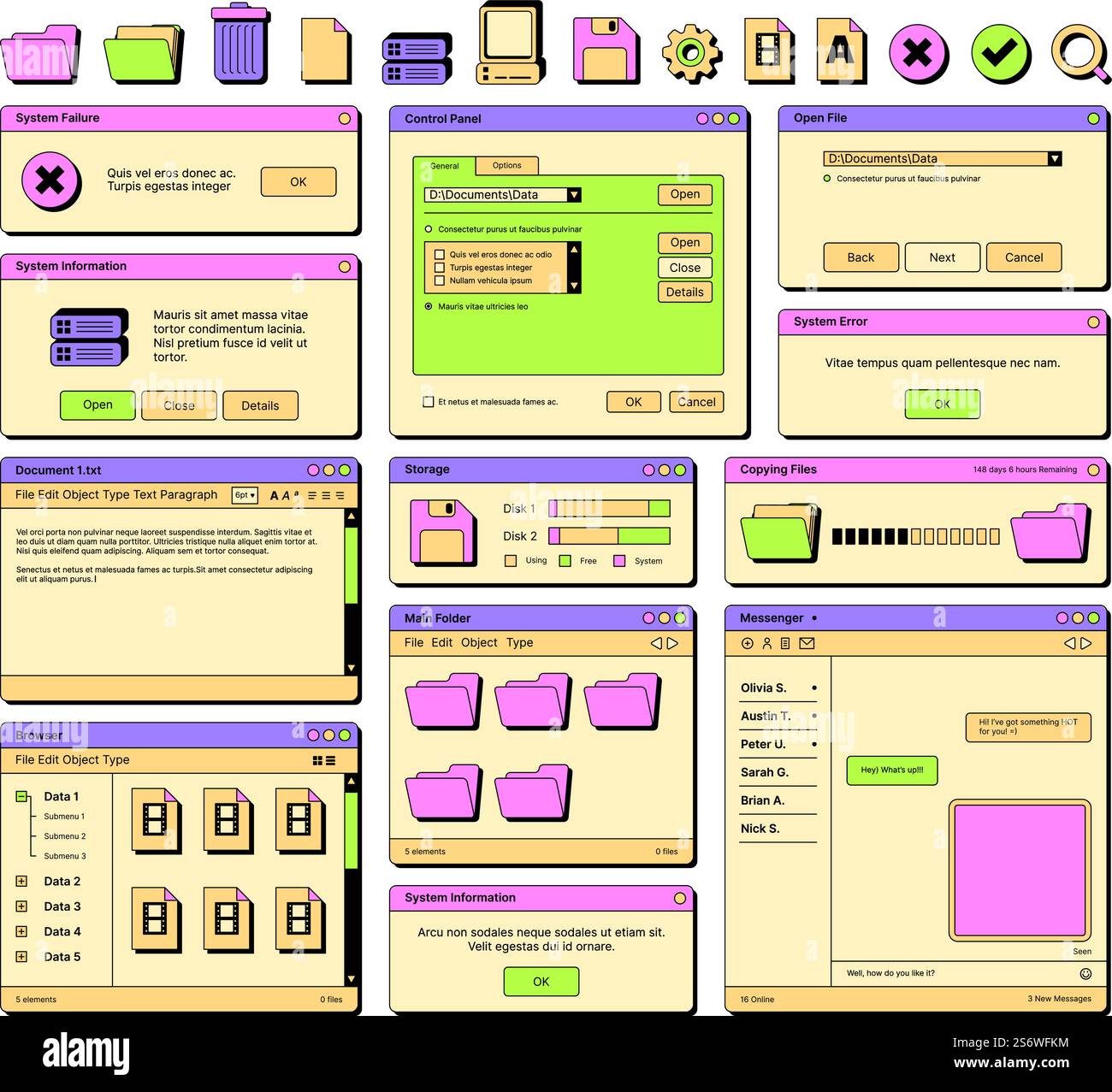 Web ui. 90s layout screen elements frame pages banners icons dividers and buttons garish vector ...