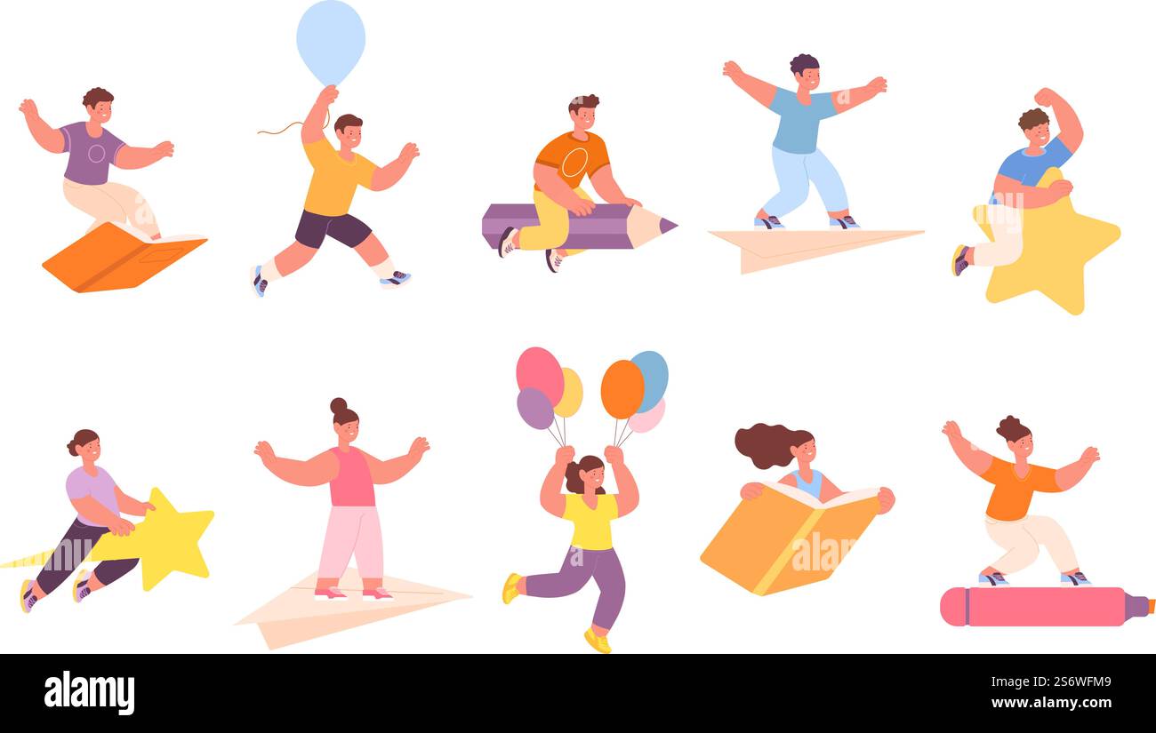 Children flying. Child fly, flight on book, pencil, star and paper ...