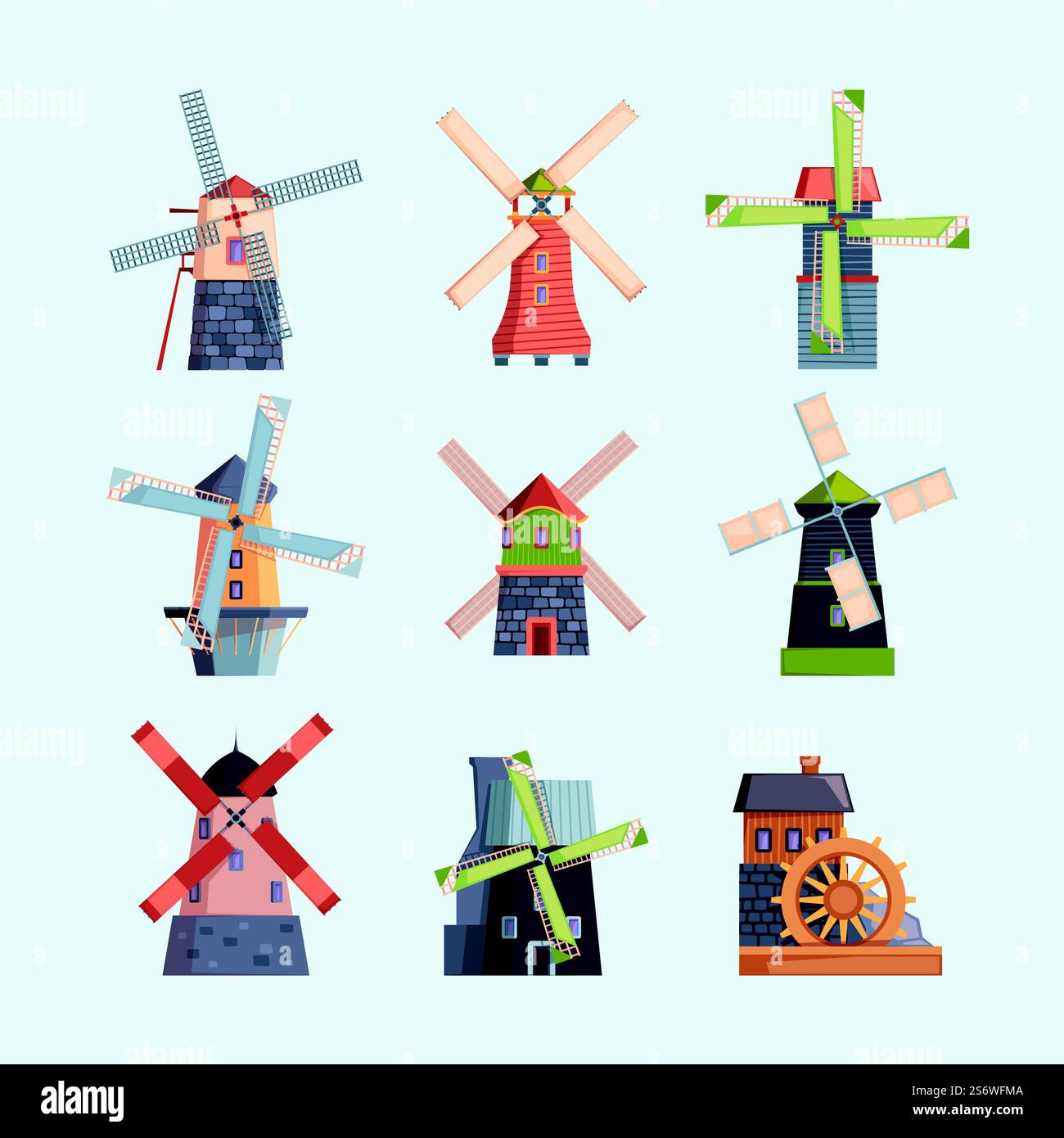 Water windmills. Netherlands rural buildings in cartoon style brick ...