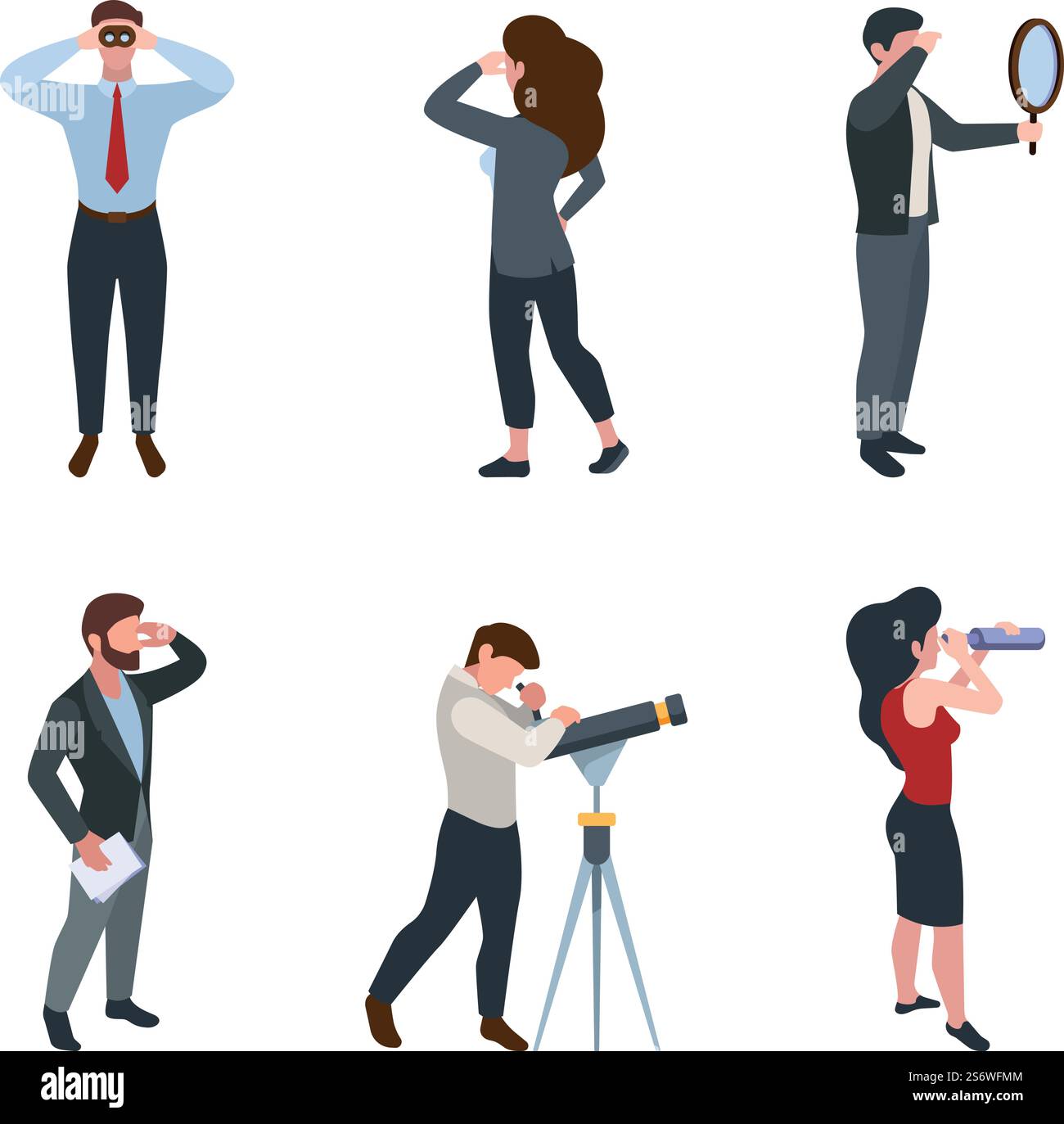 Business people watching. Characters view in telescope magnifying glass ...