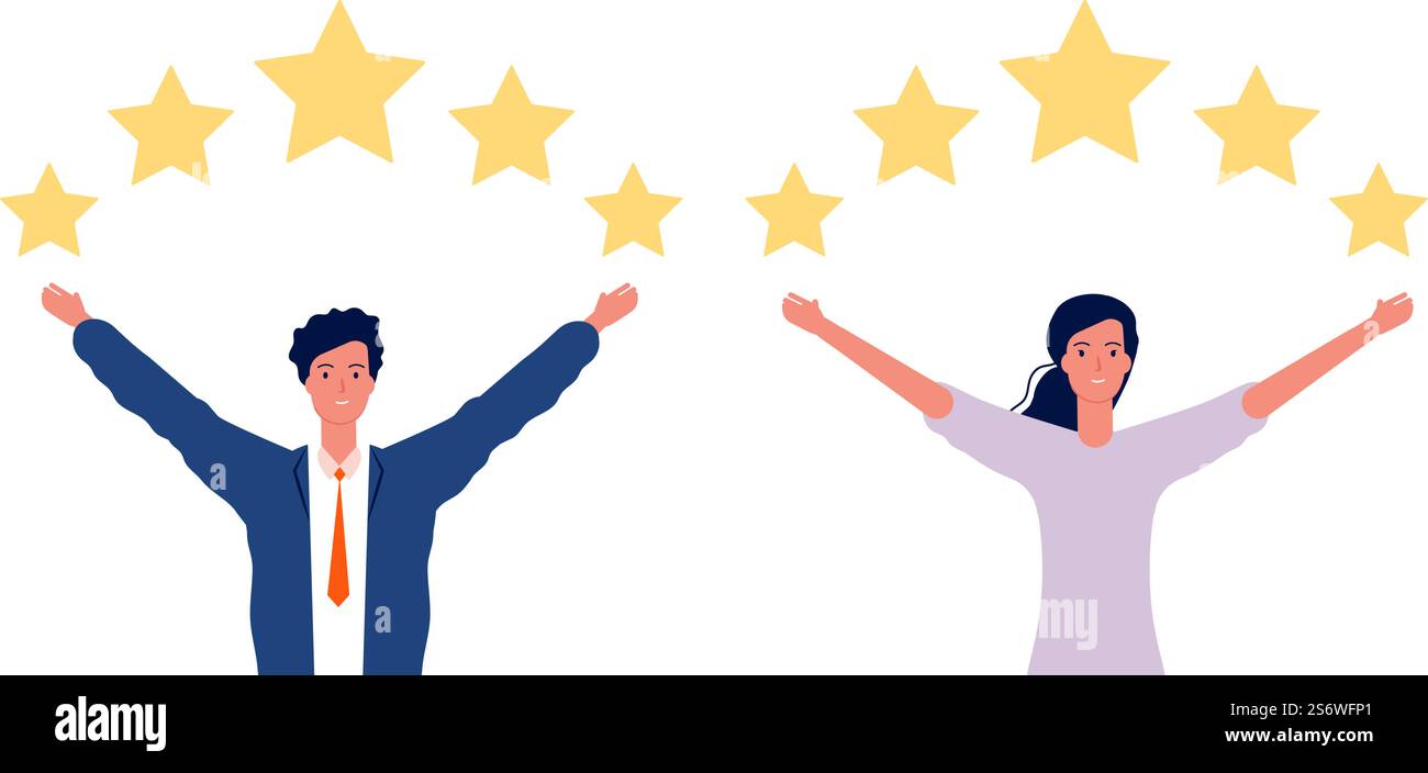 Review concept man woman and five stars rating happy customers Stock ...