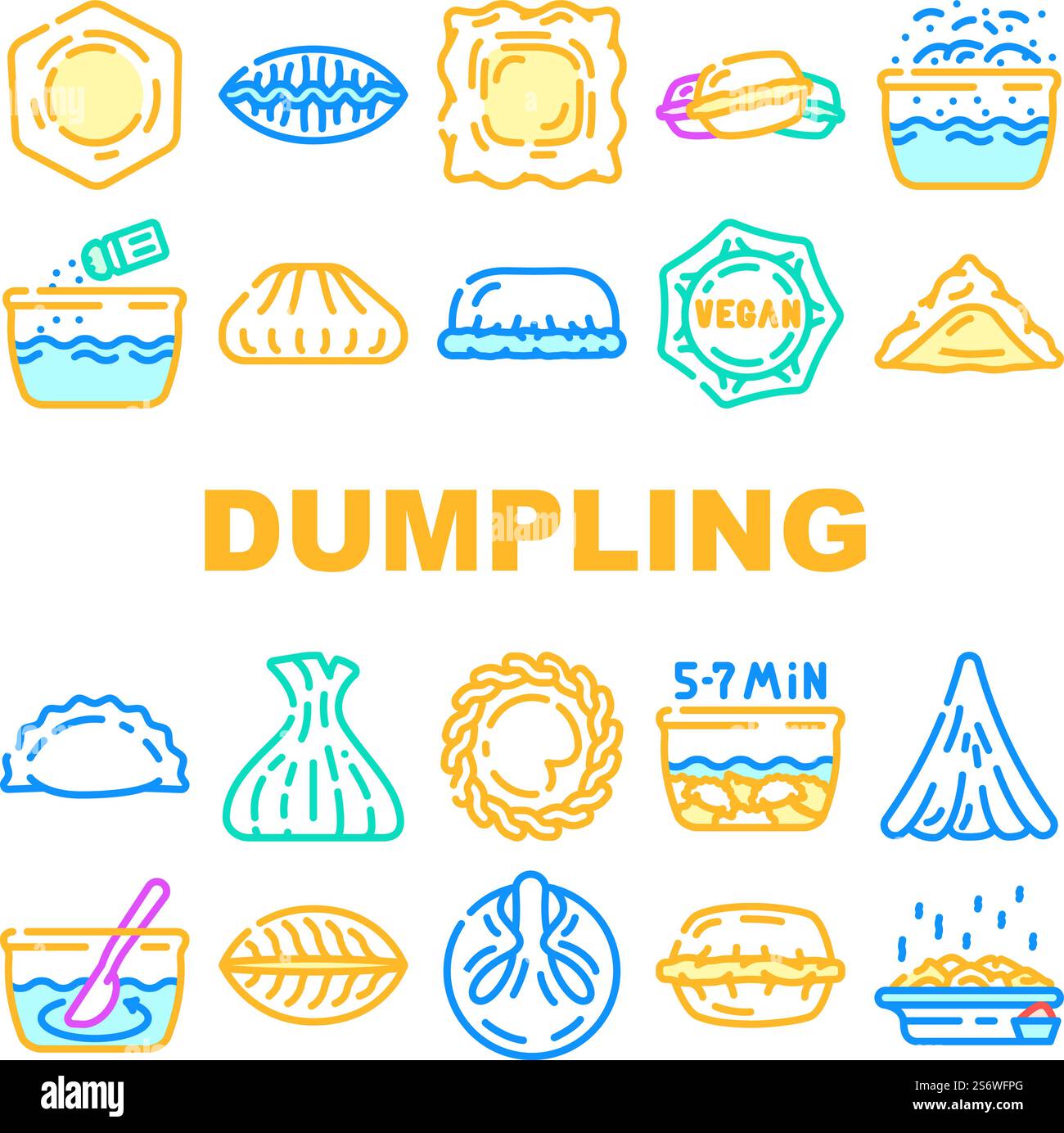 Dumpling Delicious Meal Recipe Icons Set Vector. Dumpling Food With ...