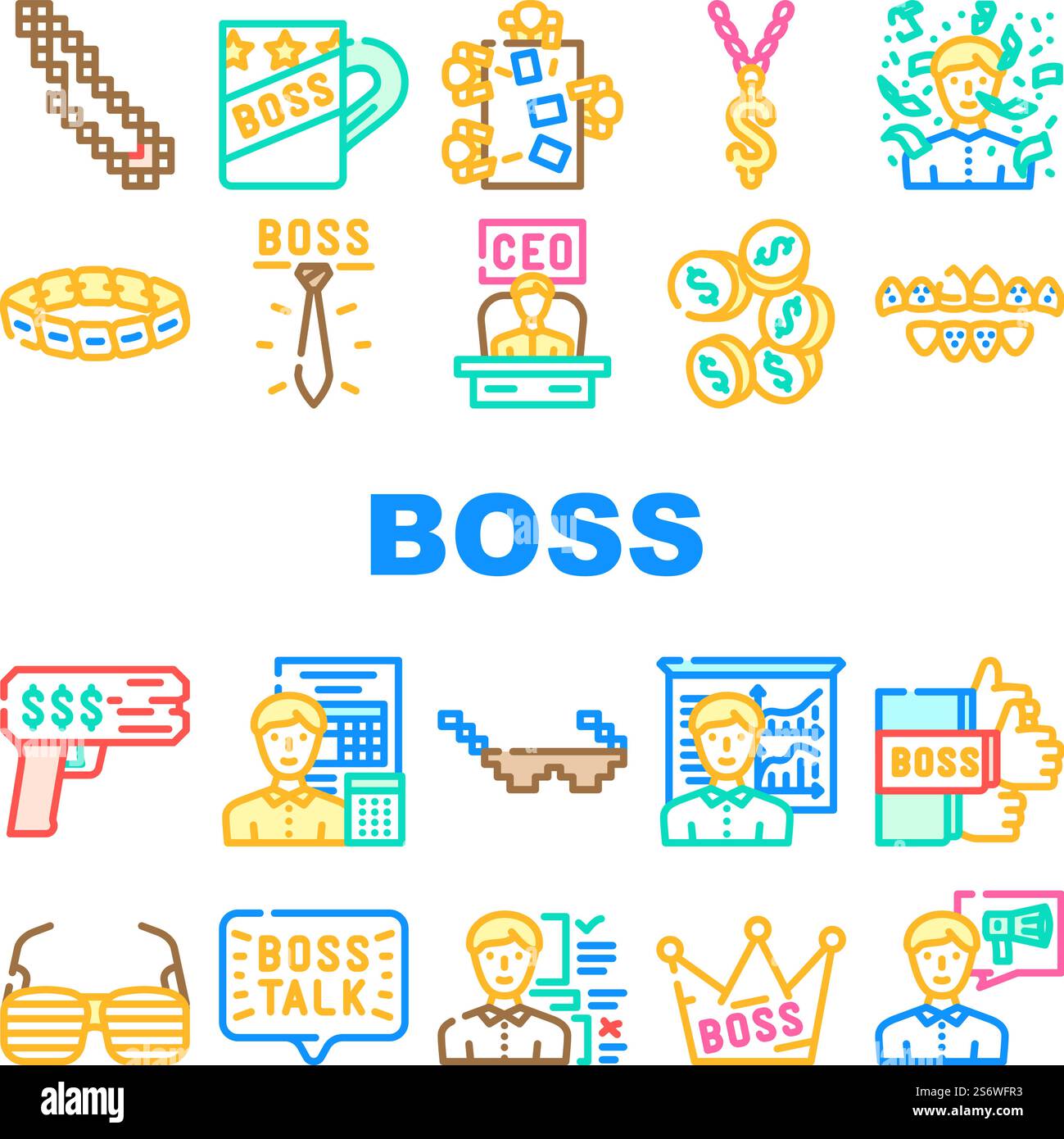 Boss Leader Businessman Accessory Icons Set Vector. Boss Ceramic Cup ...