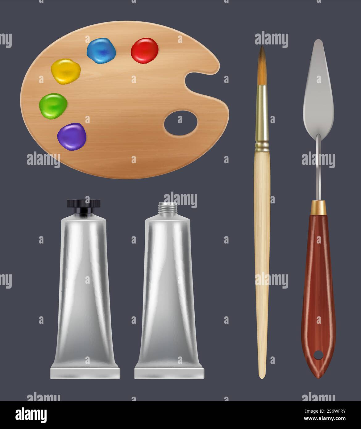 Tools for artists. Oil paint tubes palette with colors pencils brushes ...