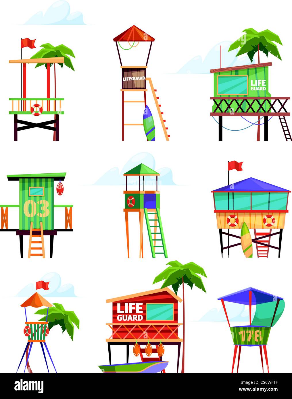 Modern beach buildings. Beach lifeguard towers on the seaside security ...