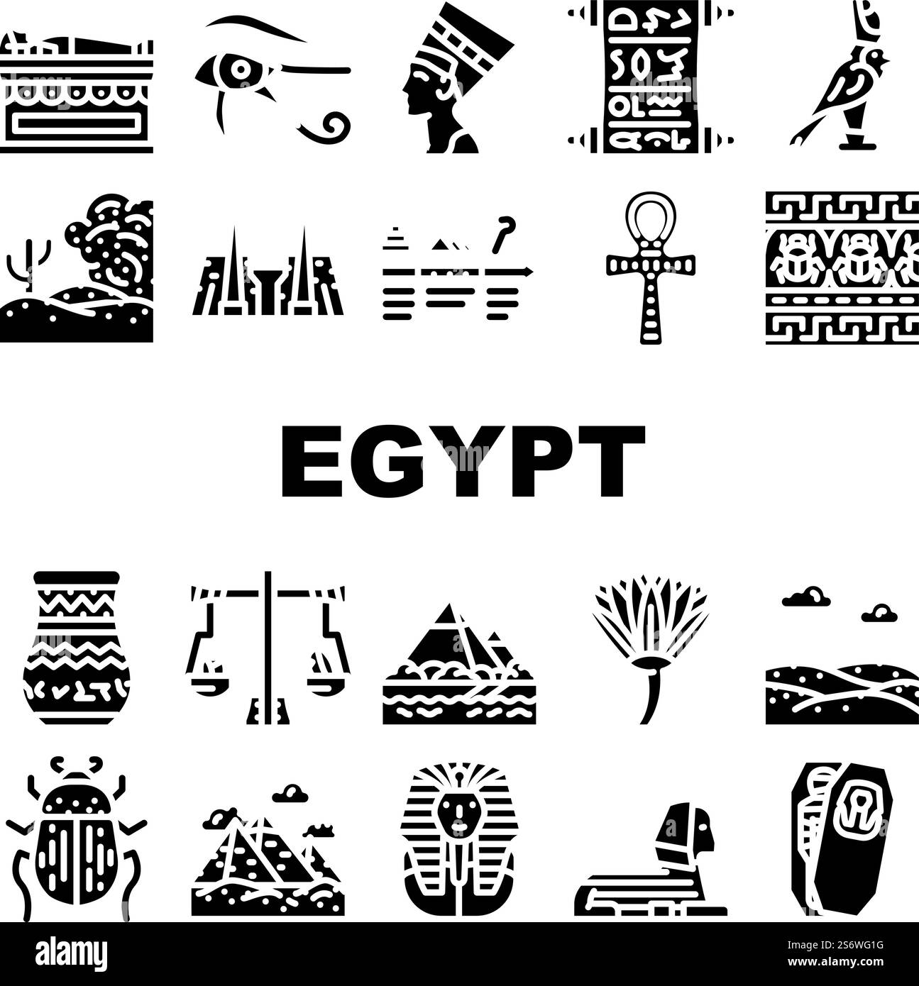 Egypt Civilization Landscape Icons Set Vector. Nefertiti Egypt Queen ...